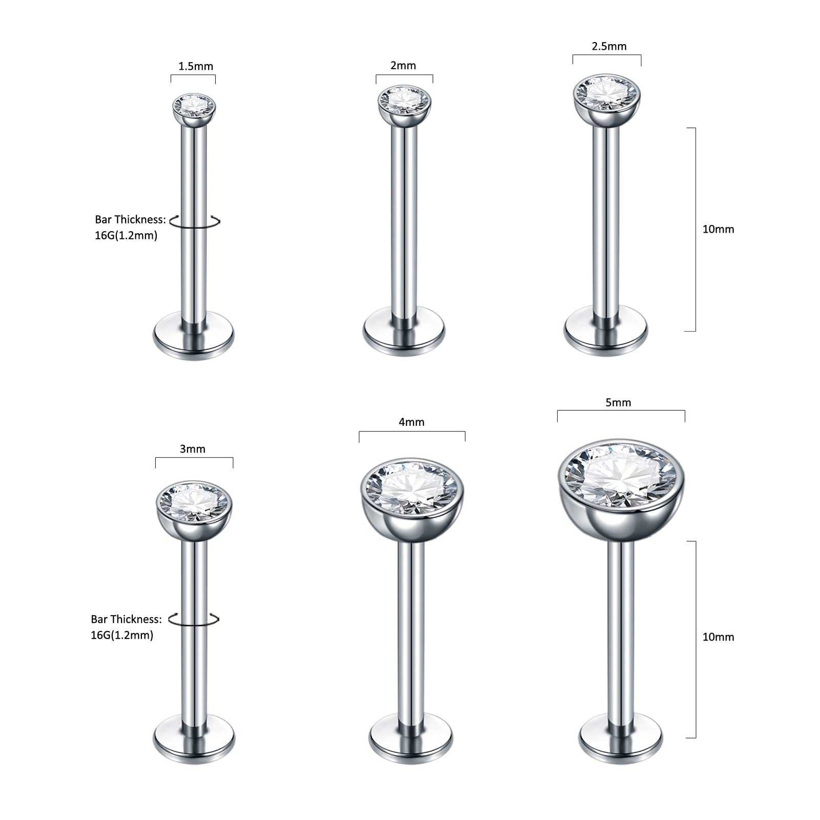 Xpircn 16G Labret Monroe Lip Rings Stainless Steel CZ Crystal Lip Ring Studs Ear Tragus Helix Cartilage Conch Piercing 6mm 8mm 10mm (Crystal Top 1.2 * 10)