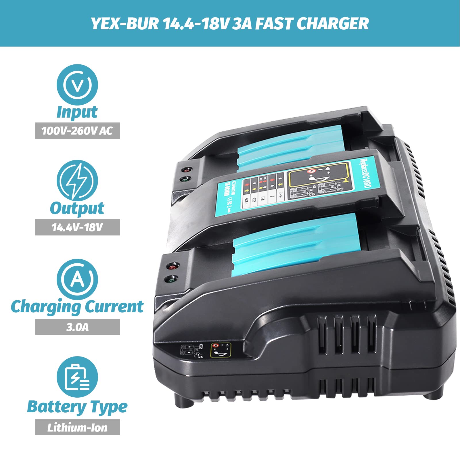YEX-BUR DC18RD 18V Battery Charger Power Tools 6A Fast Dual Ports Charger for MT 14.4V 18V Lithium ion Battery BL1830B BL1850B BL1860B BL1430 BL1440B BL1450