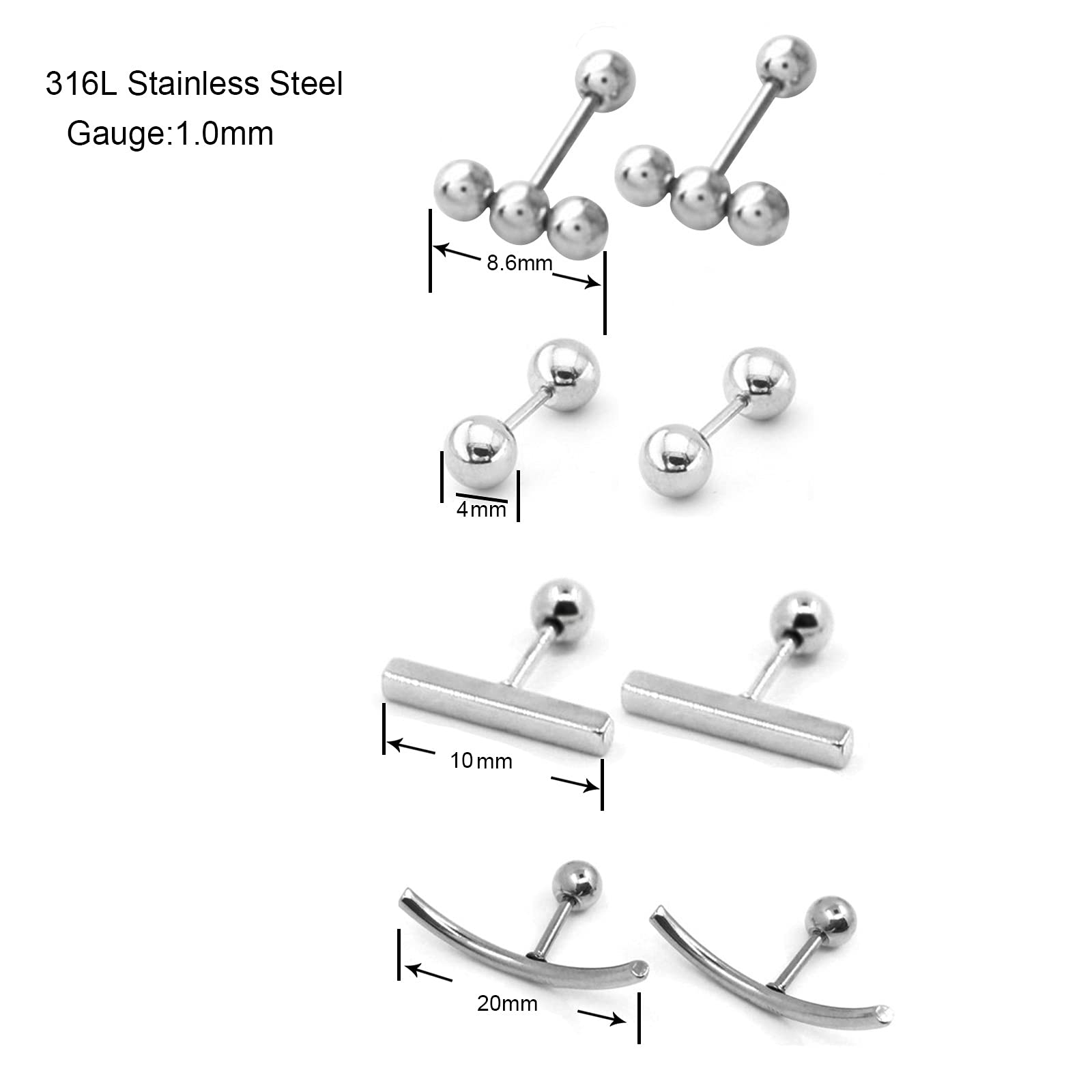 Tragus Cartilage Stud Earrings Helix Tragus Earrings for Women Barbell Piercing Body Jewelry Set (Set B)