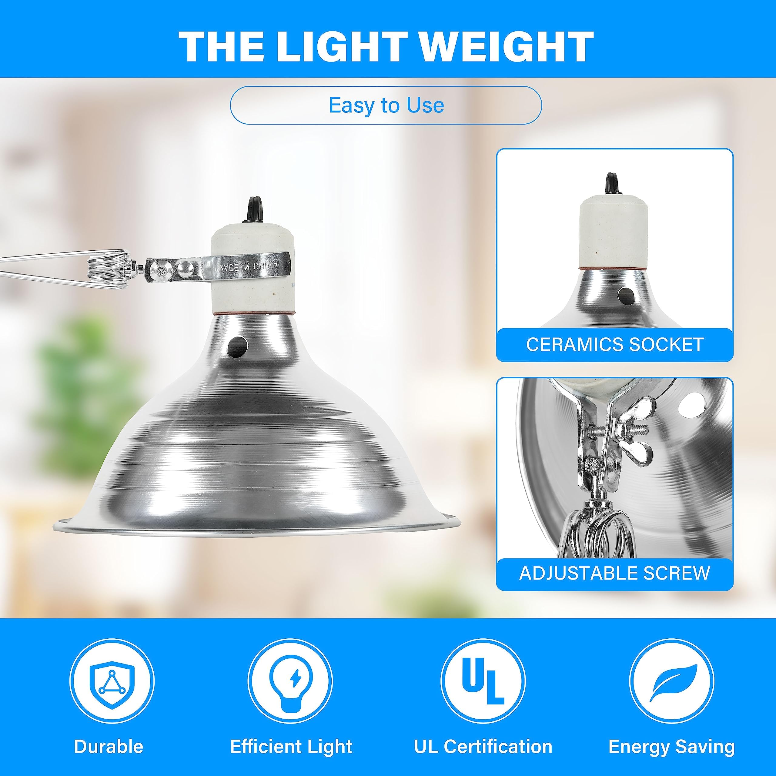 Simple Deluxe 100W Ceramic Reptile Heat Lamp Bulb & 150W Clamp Light with 8.5" Aluminum Reflector Combo for Amphibian Pets, Silver 2023 Version