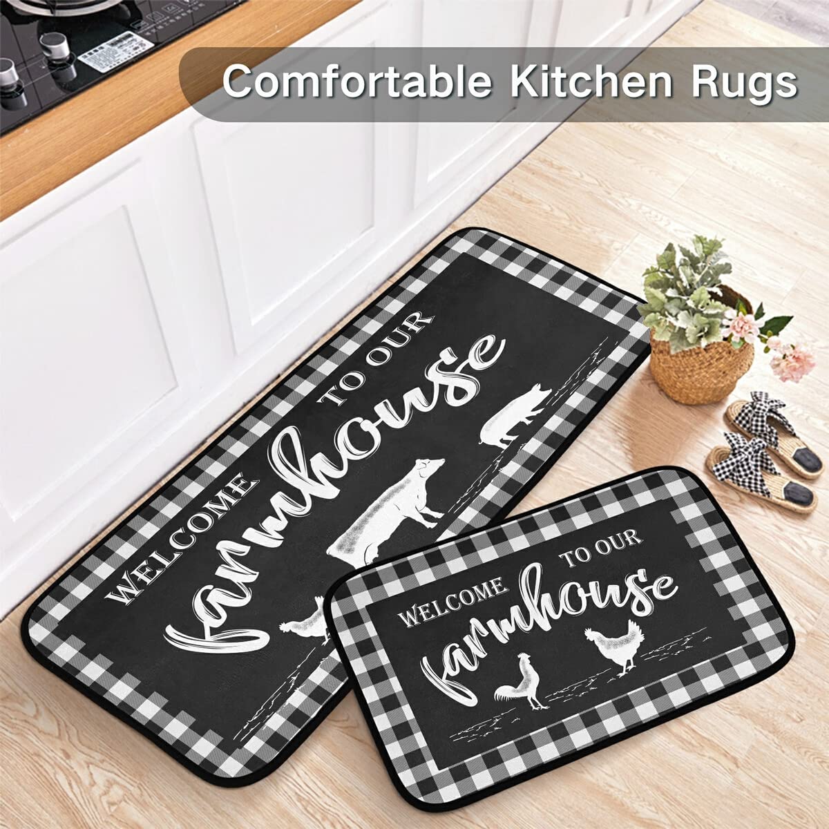 White Plaid Buffalo Farmhouse Rooster Kitchen Rugs and Mats Set 2 Piece Non Slip Washable Runner Rug Set of 2 for Kitchen Sink Floor Home Decor Laundry Welcome