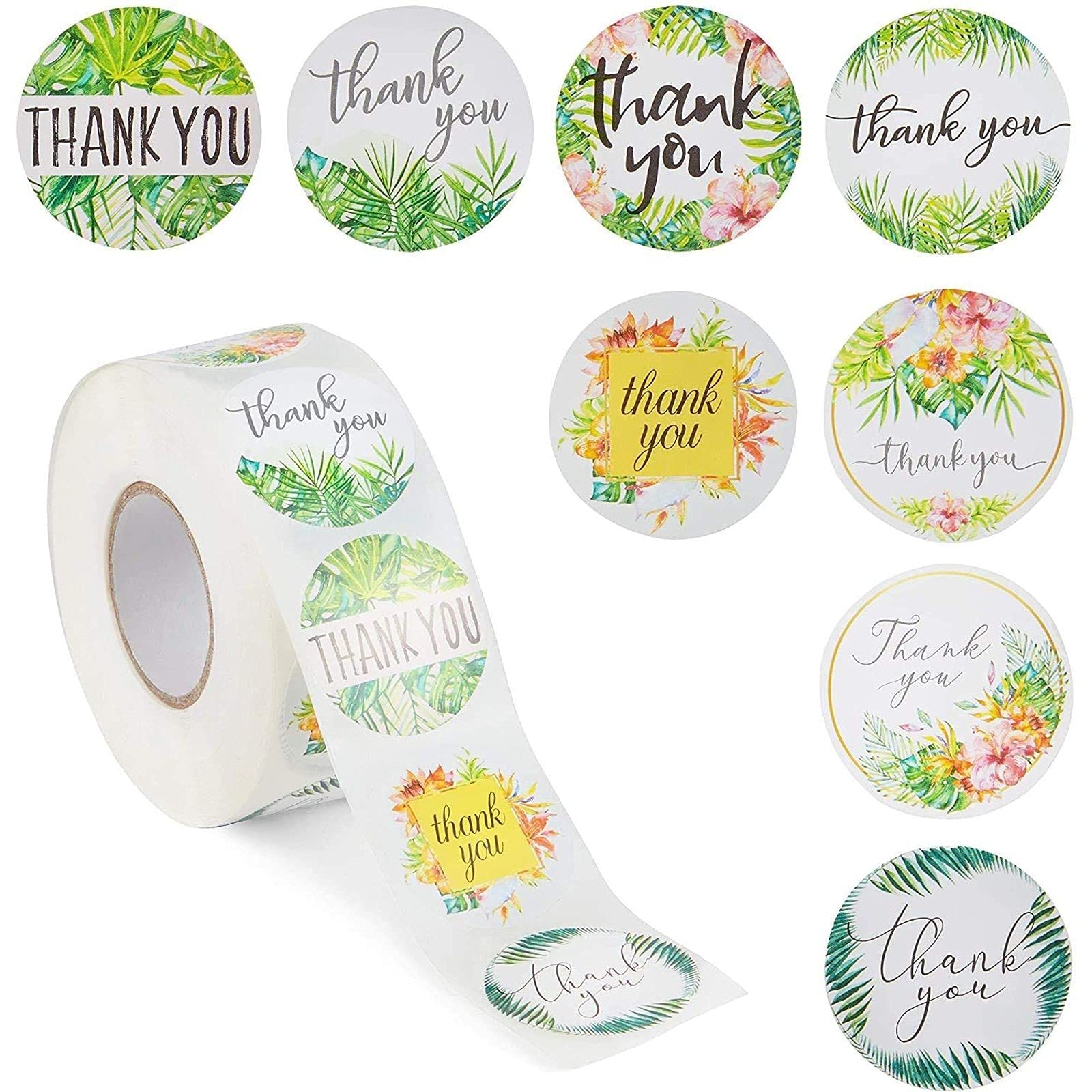 Thank You Stickers Roll with Tropical Leaves, Envelope Seals (1.5 Inches, 1000 Pack)
