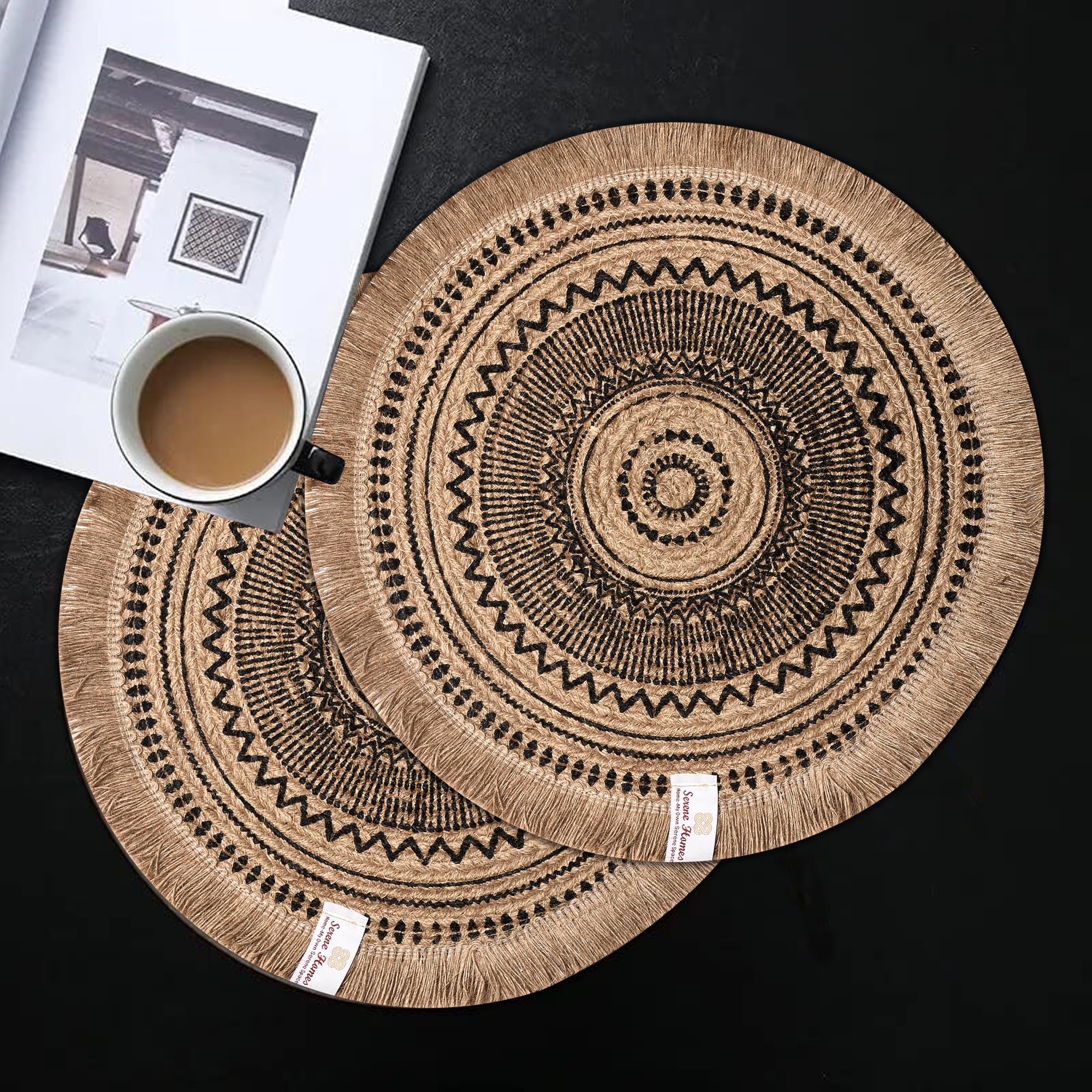 SereneHomes Black Mandala Print Natural Jute placemat Round 14-inch Table Placemats with Fringes - Set of 4, Boho Chic Dining Table Decor Heat-Resistant Dining Table Decor Surface Protector