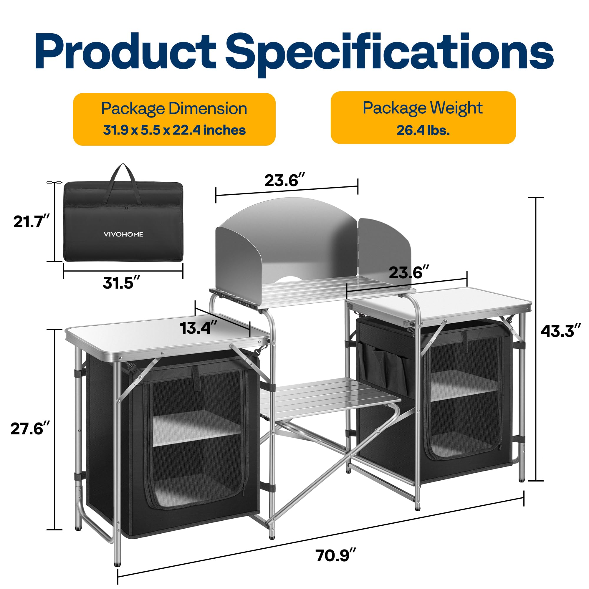 VIVOHOME Folding Camping Kitchen Table with Storage Organizer, 2 Side Tables, Stainless Steel Windscreen, Outdoor Portable Cook Station for BBQ, Picnics