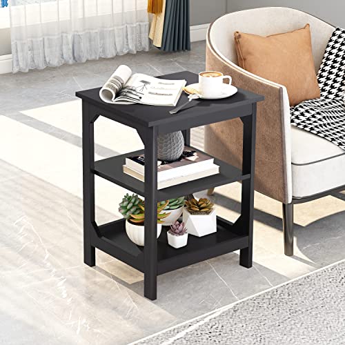 TaoHFE Black Side Table 3-Tier Narrow,Black End Table with Storage Shelves,Black Side Tables Living Room Small Bedside Stand,Wooden Nightstand,Corner Shelf,End Table for Small Spaces Bedroom Office
