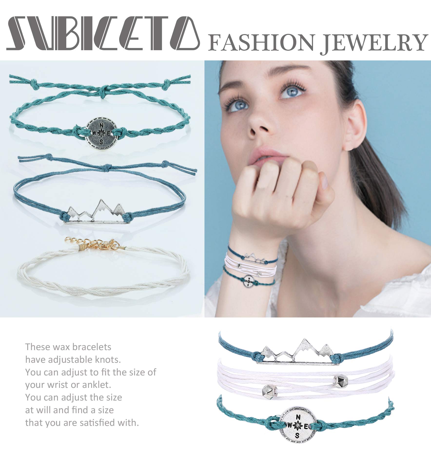 Subiceto 7 Set Wave Strand Vsco Bracelets for Women Waterproof Handcrafted Handmade Braided Rope Wax Coated Boho Woven Bracelet Set