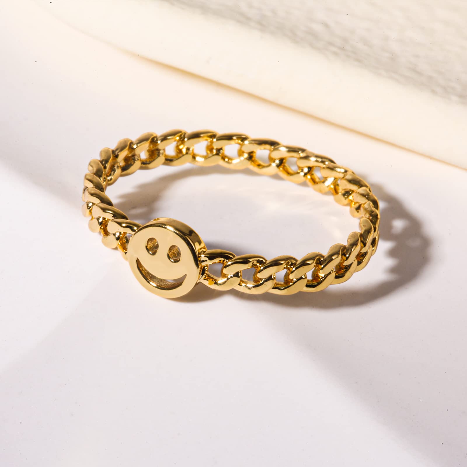 YeGieonr Women Good Luck Smiley Face Ring Happy Face Stackable Ring with Cute Chain Link Band | Yellow Gold, SIZE 7