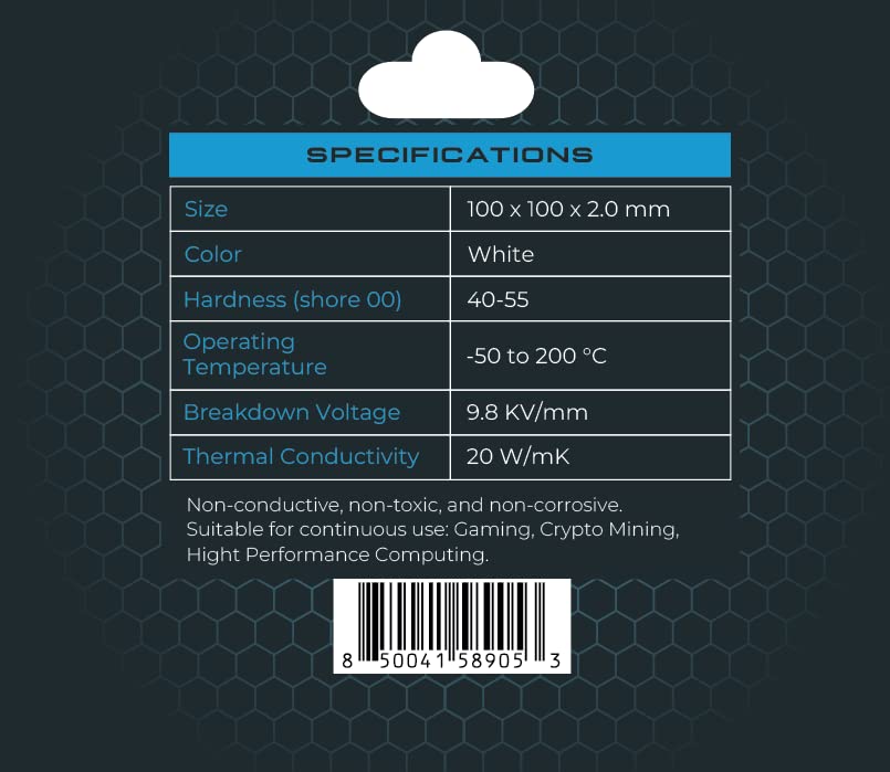XPC High Performance 20W/mK Thermal Pad T20 Series, 100 x 100mm, White, 0.5mm to 3.5mm Thickness, Non-Conductive for GPU, Electronics, Computer Parts (2.00mm)