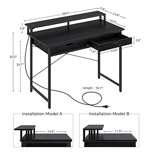 Rolanstar Computer Desk with 2 Drawers and Power Outlet, 39" Home Office Writing Desk with Monitor Stand, Workstation Table with Stable Metal Frame, Black