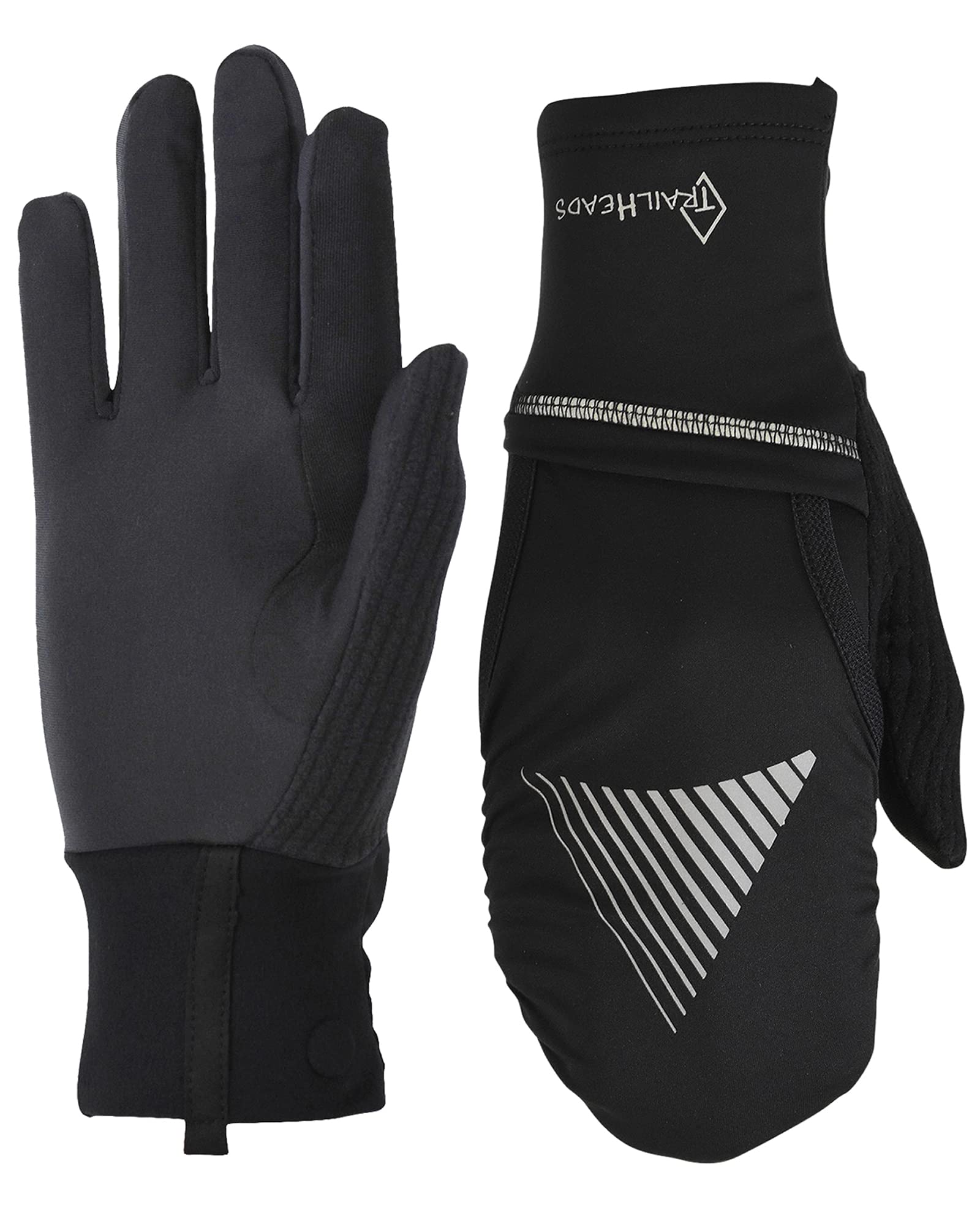 TrailHeads Womens Running Gloves Touchscreen Fingers & Convertible Waterproof Mitten Shell - for Winter, Reflective, Warm - Black - Reflective - Small/Medium