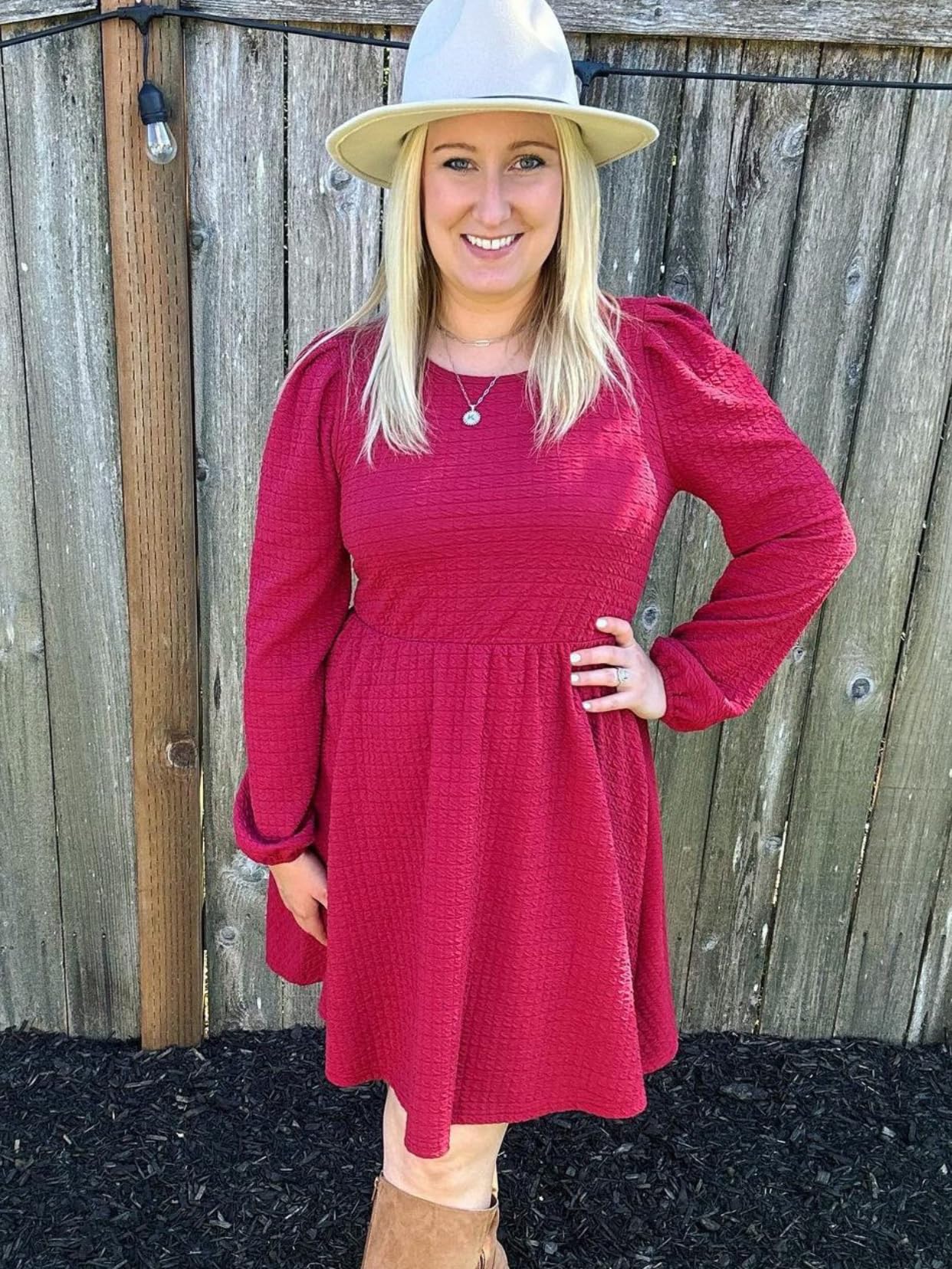 SAMPEEL Winter Womens Burgundy Dress Elegant Puff Sleeve Casual Christmas Dresses Knee Length M