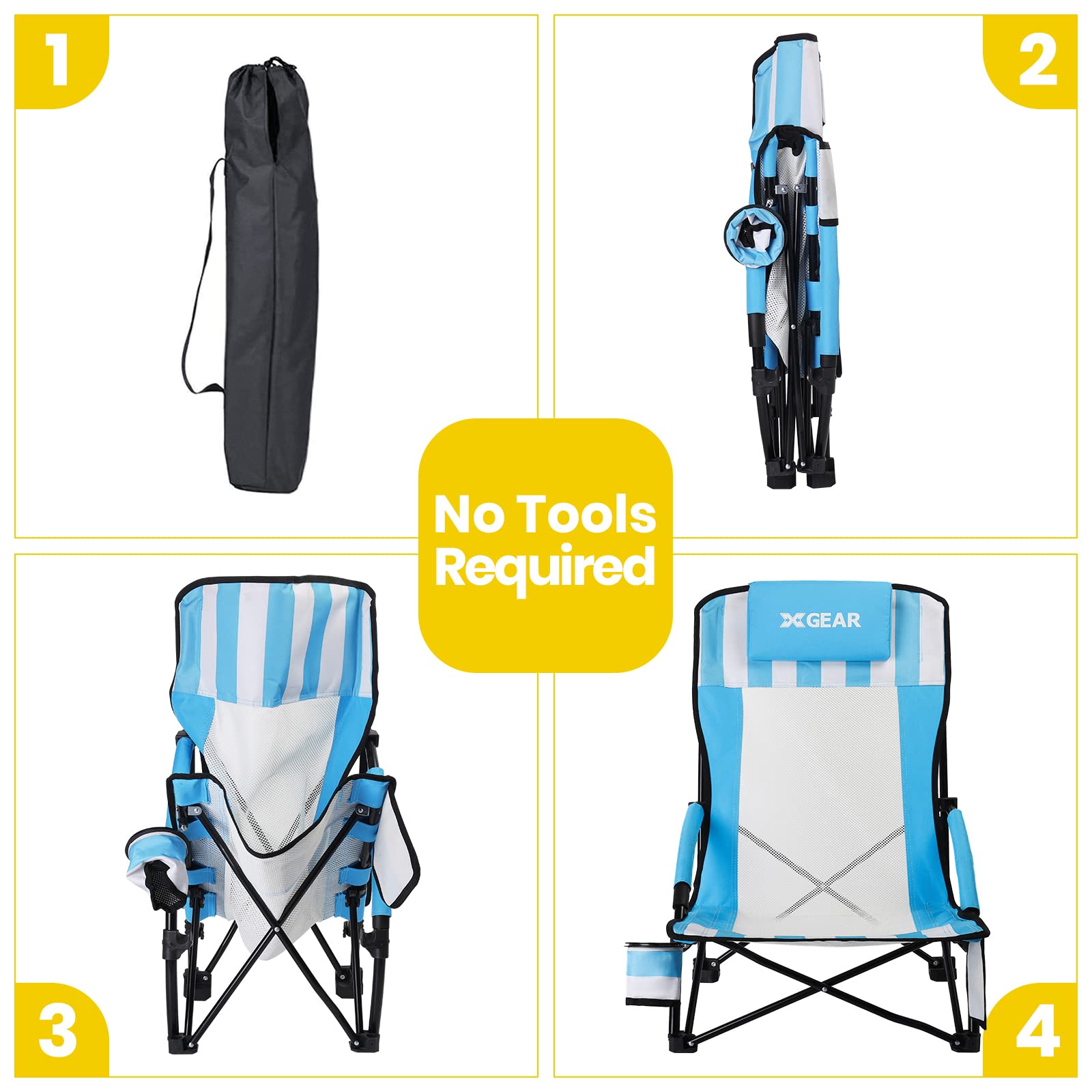 XGEAR Beach Chair Low Seat Beach Chair for Adults High Back Camping Chair with Cup Holder Blue & White