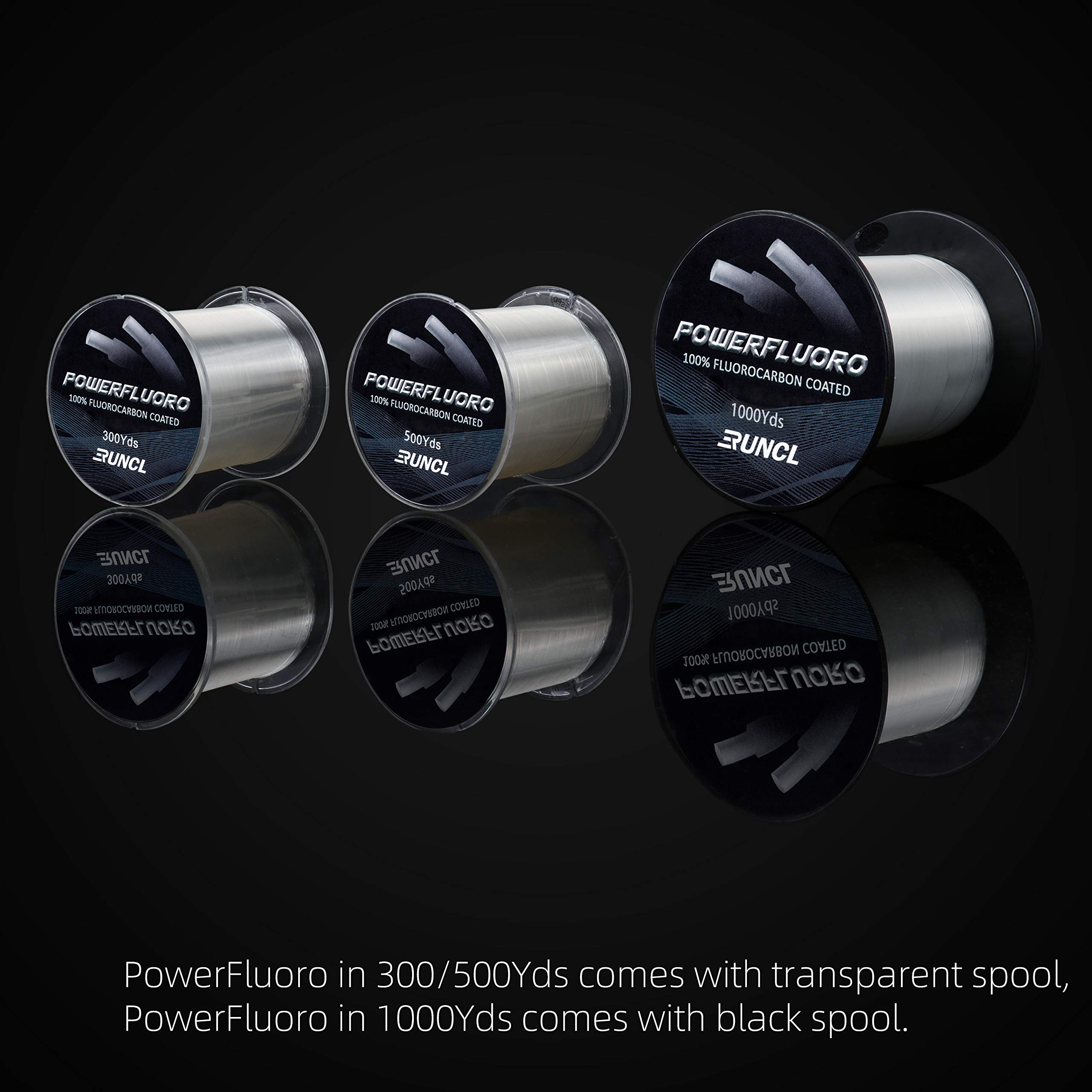 RUNCL PowerFluoro Fishing Line, 100% Fluorocarbon Coated Fishing Line, Hybrid Line - Virtually Invisible, Faster Sinking, Low Stretch, Extra Sensitivity, Abrasion Resistance (500Yds, 16LB(7.3kgs))