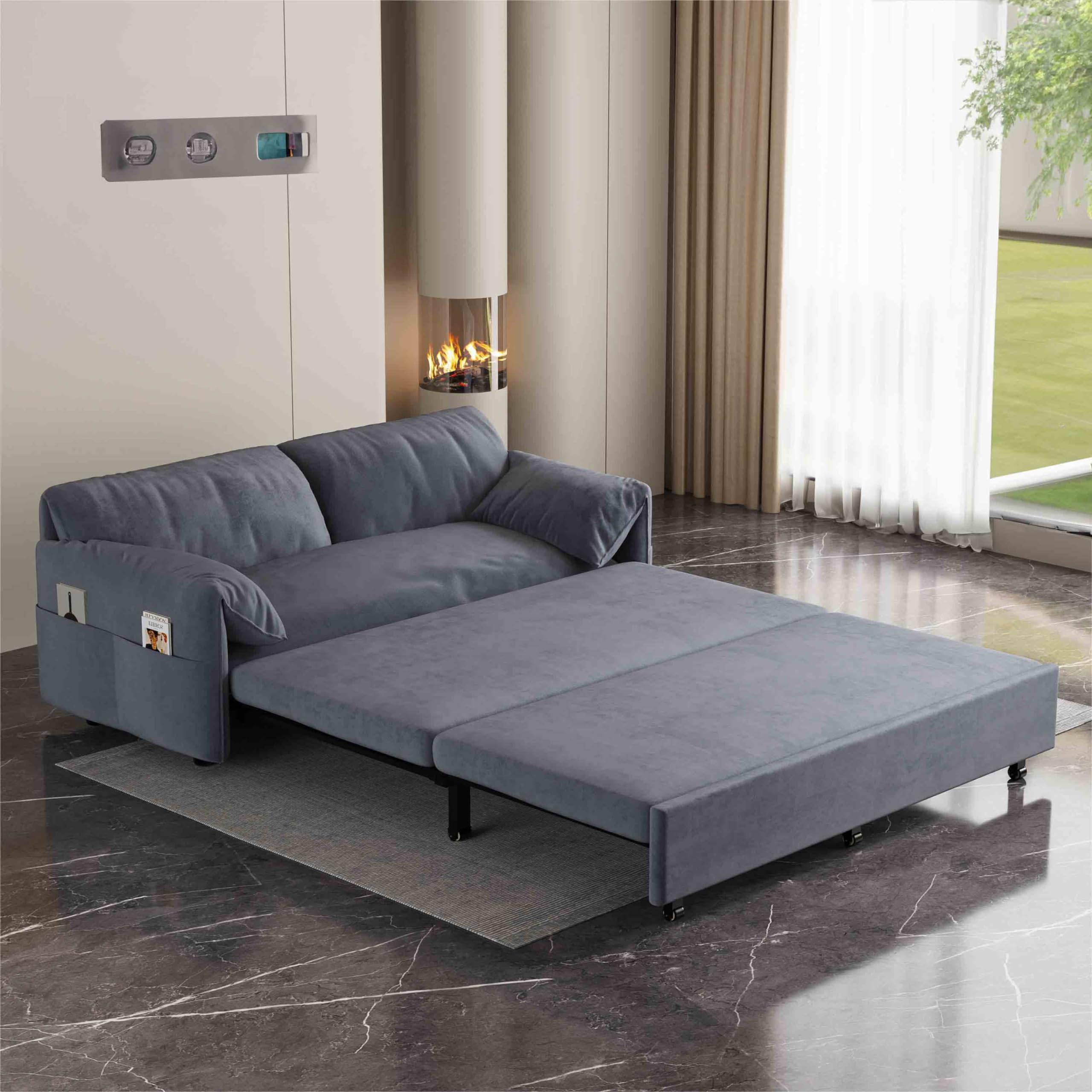 RIDFY 63.8" Queen Pull Out Sofa Bed, 3-in-1 Modern Love seat Bed, Convertible Sleeper Sofa Couch with Side Storage Pockets and Pillows, Velvet Deep Seat for Small Spaces,Apartment,Office,Grey-New