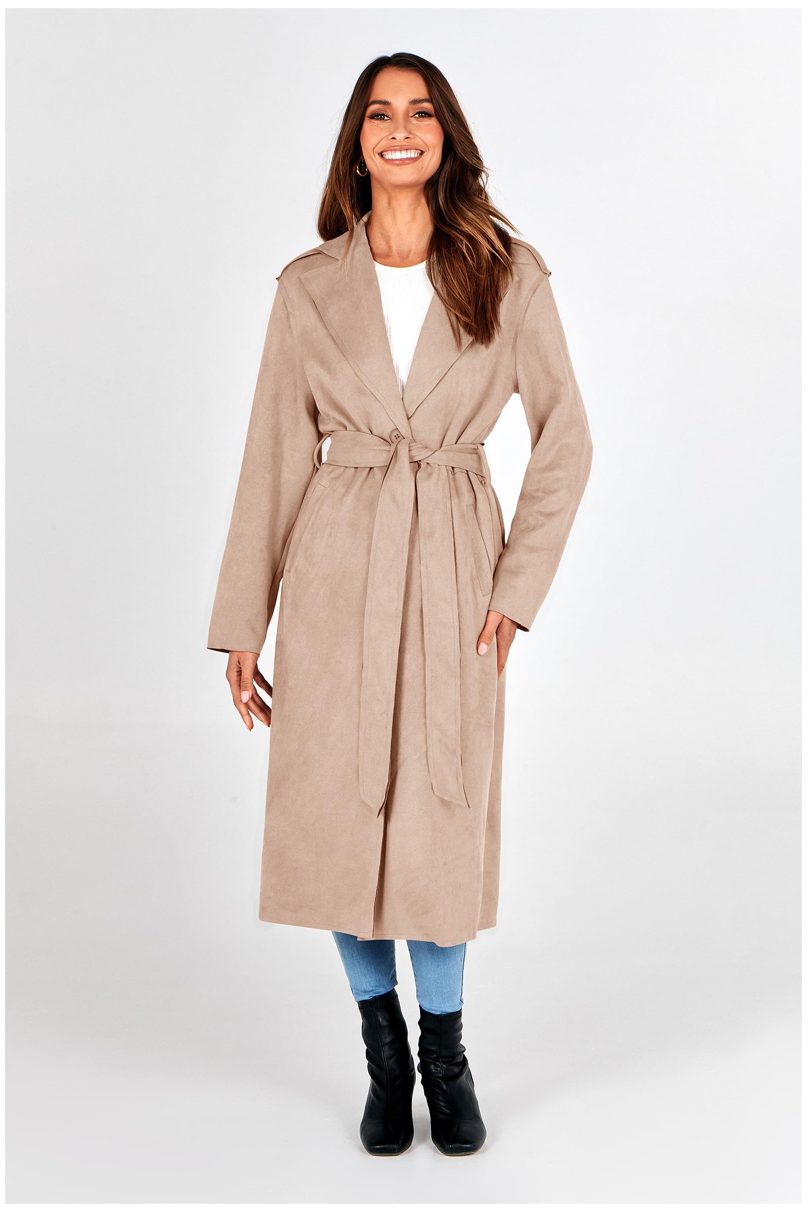 PRETTYGARDEN Women's Fall Fashion Overcoat Faux Suede Shacket Jacket Lapel Belted Long Winter Trench Coats (Beige,Small)