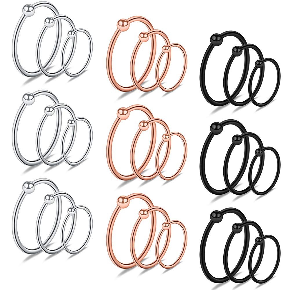SCERRING 27PCS 22G Nose Hoop Lip Eyebrow Tongue Helix Tragus Cartilage Septum Piercing Ring 6mm 8mm 10mm - Mix Color