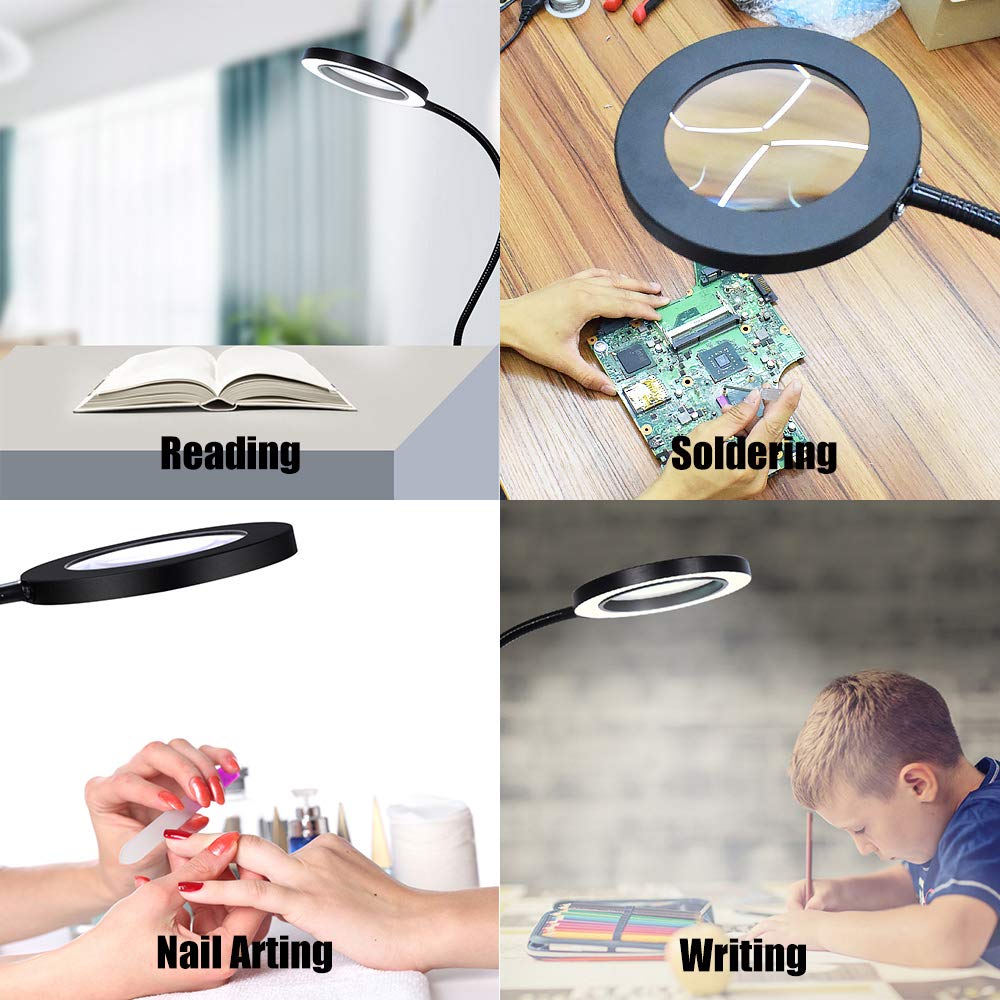 Toolour 5X LED Magnifying Glass Light Clamp Desk Lamp, 3 Modes & 10 Dimming, Large Magnifier Lens and 360° Flexible Gooseneck Arms for Home Workshop, Reading, Close Work, Rework Soldering & Pro Tasks