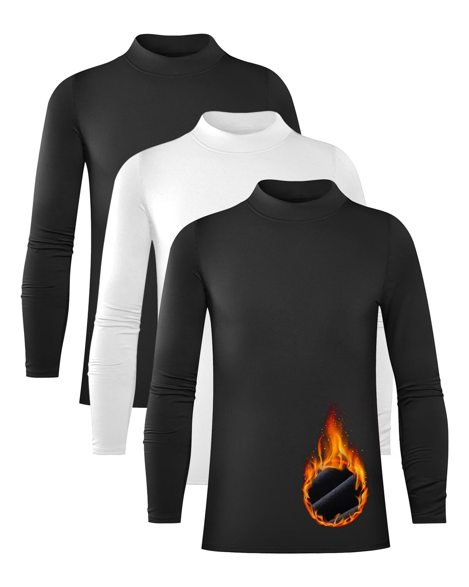 Rolimaka 3 Pack Boys' Girls' Thermal Compression Shirt Crew Neck Fleece Lined Base Layer Top Youth Long Sleeve Athletic Soccer Baseball Undershirt XS