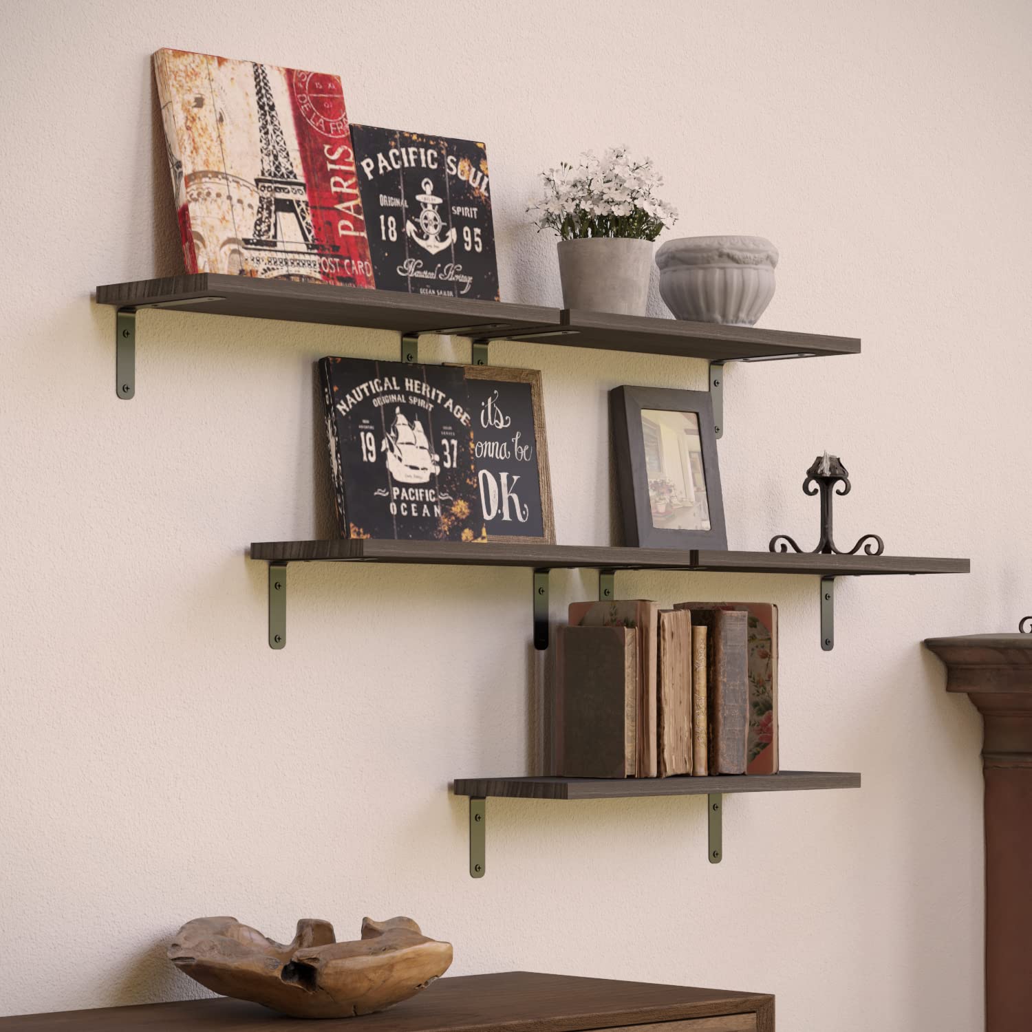 RICHER HOUSE Floating Shelves for Wall Décor, Rustic Wood Wall Shelves for Bedroom Set of 5, Farmhouse Shelf for Bathroom, Hanging Shelves for Storage, Wall Mounted - Deep Brown