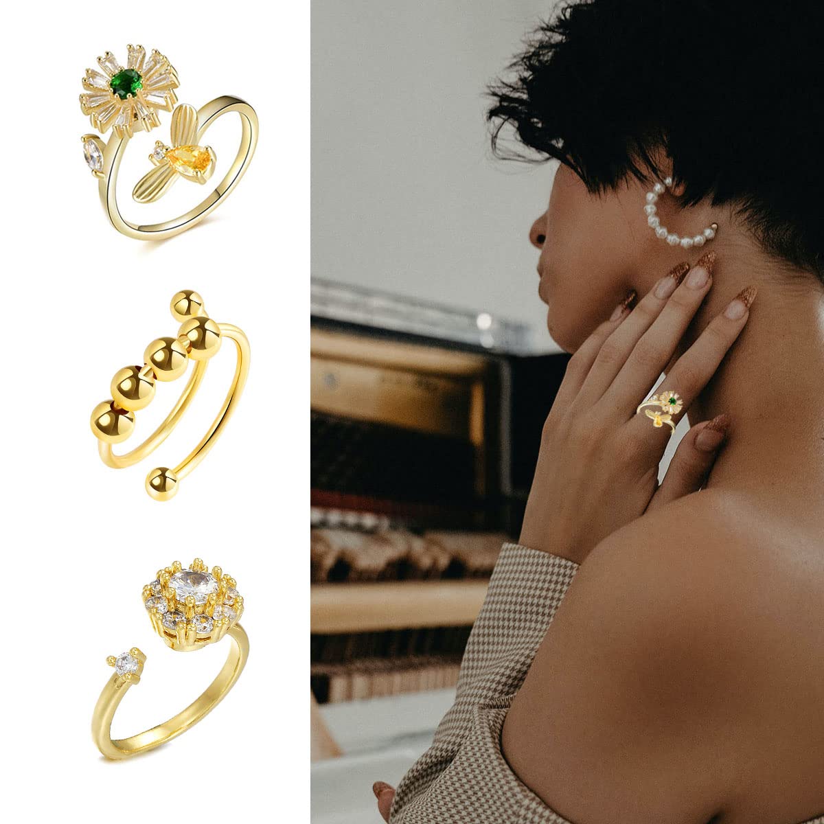 yfstyle Fidget Anxiety Rings for Women Adjustable Open Ring Set Cubic Zirconia Sunflower Spinner Ring Gift for Valentine's Day-gold 3pcs
