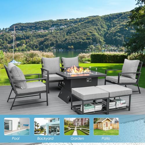 RADIATA 7 Piece High Back Aluminum Patio Furniture with Fire Pit Conversation Set with 43" Propane Fire Pit Table Outdoor Modern Luxury Sofa Set (Light Gray)