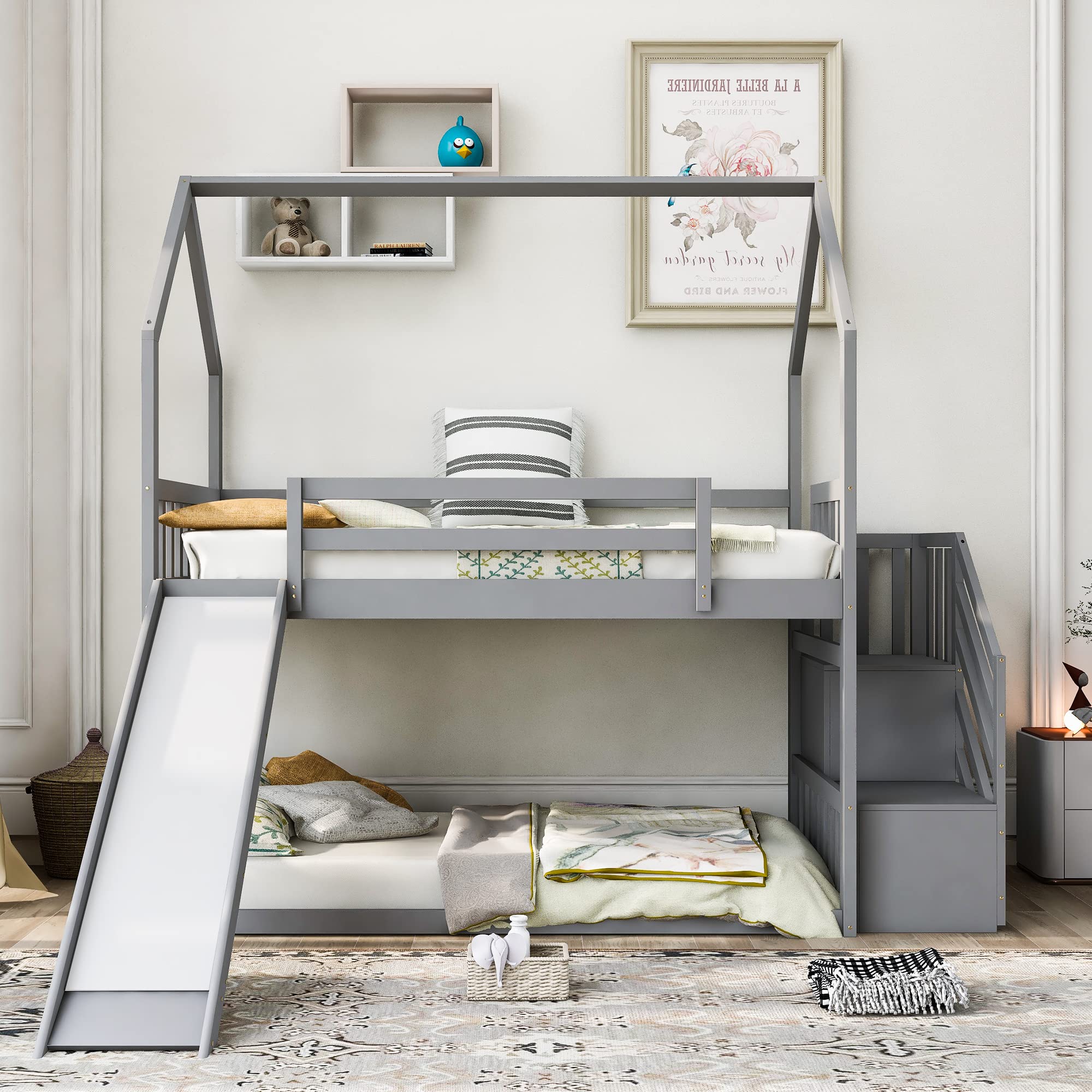RUNWON Twin over Twin House Bunk Bed with Convertible Slide,Storage Staircase and Open Sehlves for Kids Teens Bedroom