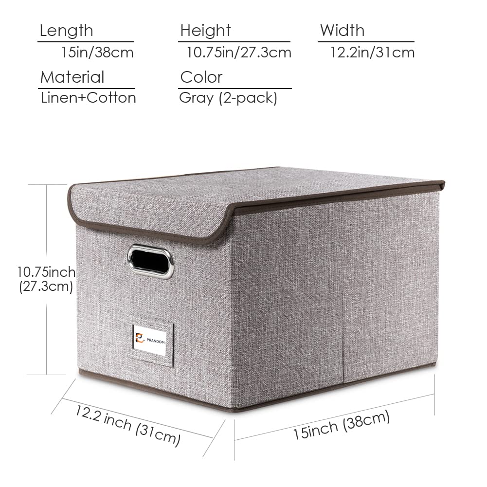 PRANDOM File Organizer Box - Set of 2 Collapsible Decorative Linen Filing Storage Hanging File Folders with Lids Office Cabinet Letter Size (15x12.2x10.75 inch)
