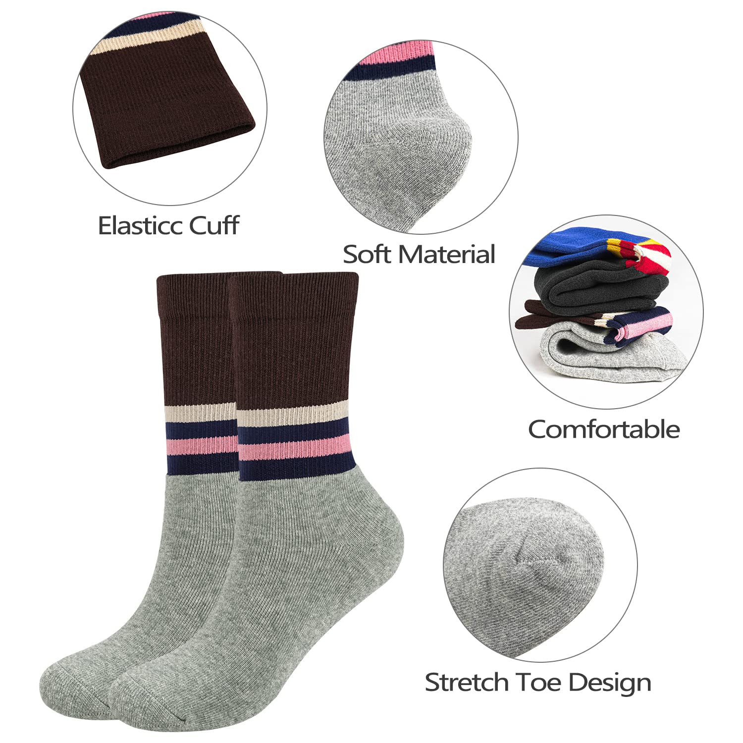 yeuG 5 Pack Women's Hiking Walking Wool Crew Socks, Multi-pack Wicking Cushion Crew Socks (Color 1, Shoe Size: 6-11)