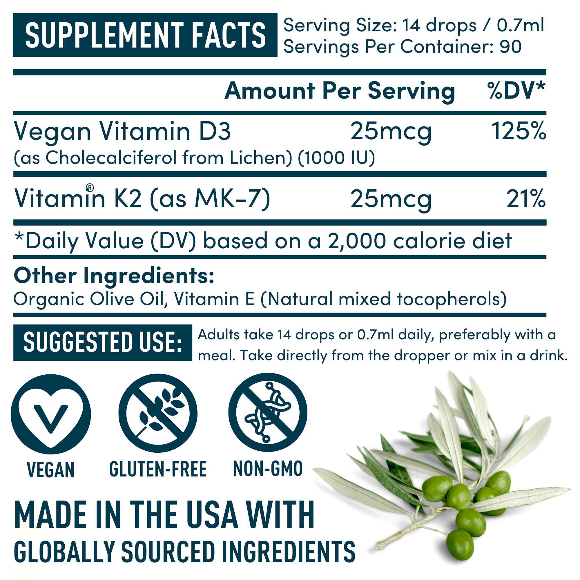 WINDSOR BOTANICALS Vitamin D3 K2 Vegan Liquid - Heart, Immune Function, and Brain Support Supplement - D3 1,000iu, K2 MK-7 25mcg Cruelty-Free Organic Olive Oil Drops - Unflavored - 90 Servings - 2oz