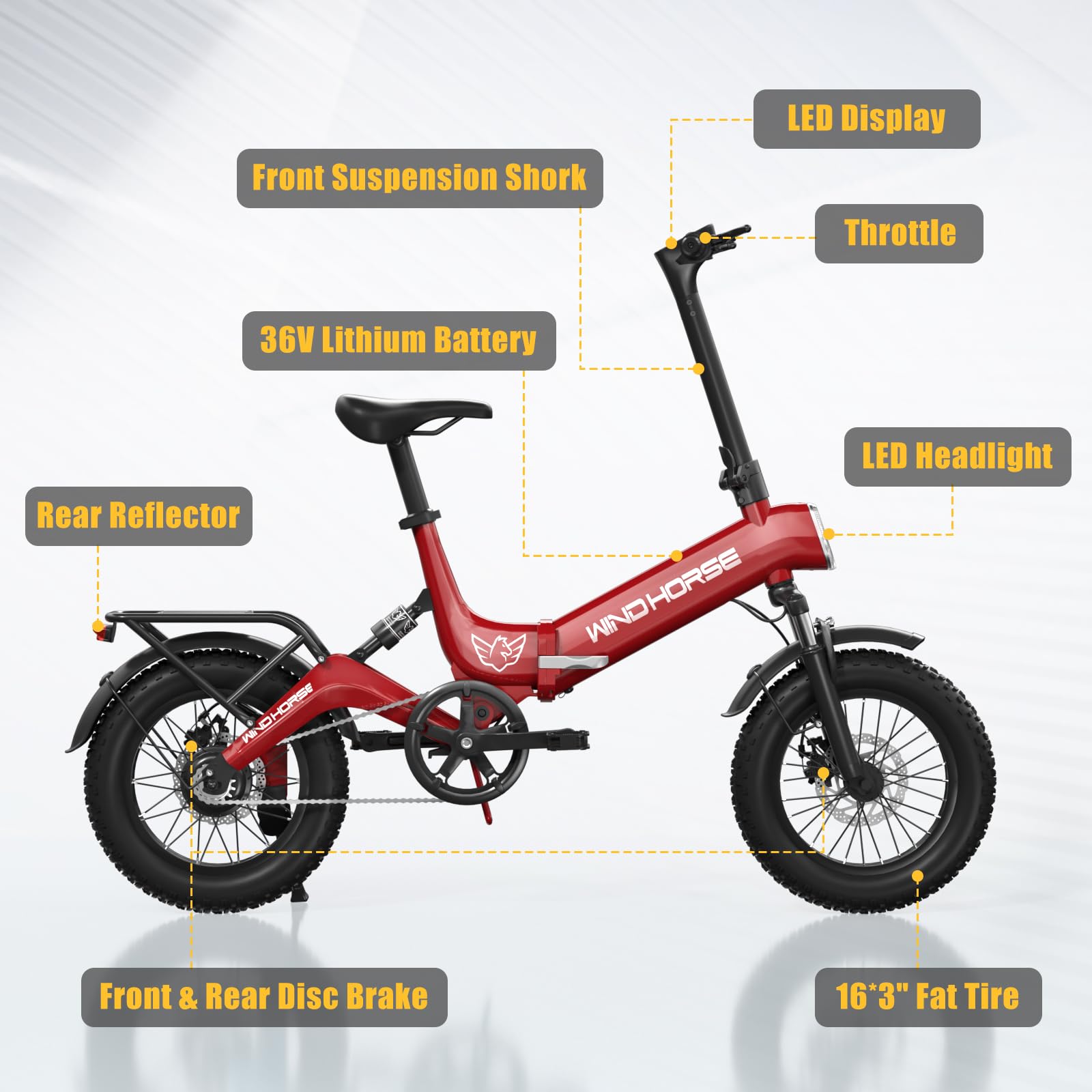 RIDWIND E-Bikes for Adults Electric, 16" Fat Tire Electric Bicycle, 20MPH Folding Ebikes with 36V Battery, APP Control, LED Display, IP67 Waterproof, Dumping Power Outage Snow Bicycle Electric