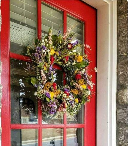 The Gathering Garden Fern and Flower. Dried Cockscomb & Strawflower Floral Spring Summer Fall Wreath 22 inch for Front Door.