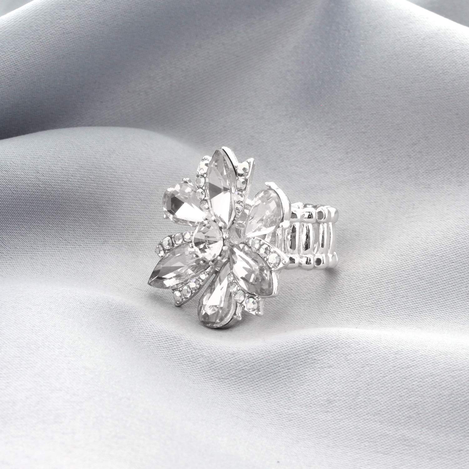SP Sophia Collection Five Petal Flower Stretch Adjustable Ring Embellished with Round Marquise and Tear Drops in Silver