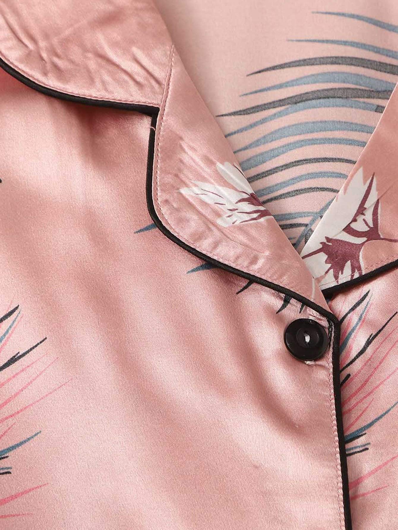 SheIn Women's 7pcs Pajama Set Cami Pjs with Shirt and Eye Mask Pink Crane Small