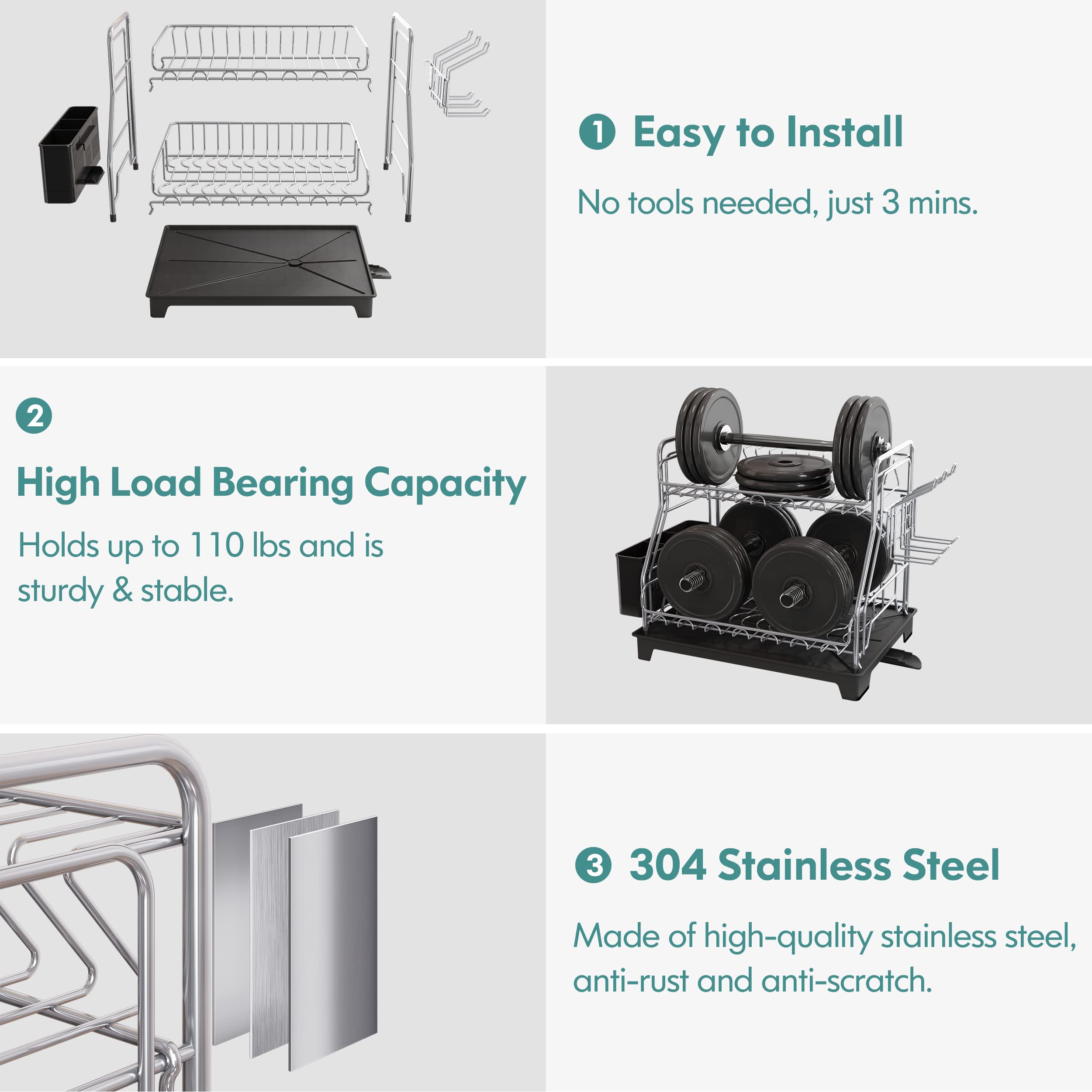 romision Large Dish Drying Rack for Kitchen Counter, Stainless Steel 2 Tier Dish Racks and Drainboard Set with Utensil Holder, Dish Drainer, Grey