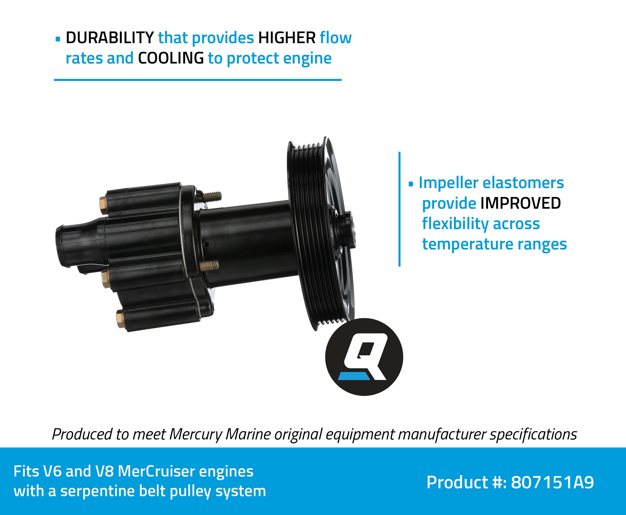 Quicksilver 807151A9 Sea Water Pump Housing for V-6 and V-8 MerCruiser Engines Made by General Motors with a Serpentine Belt Pulley System for Engine Accessories and Electrical Fuel Pumps
