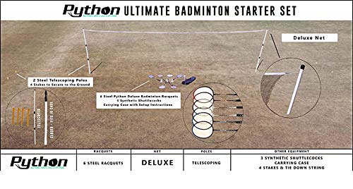 Python Ultimate Badminton Starter Set (Kit)(+2 Bonus Racquets/6 Total, Net & Poles)