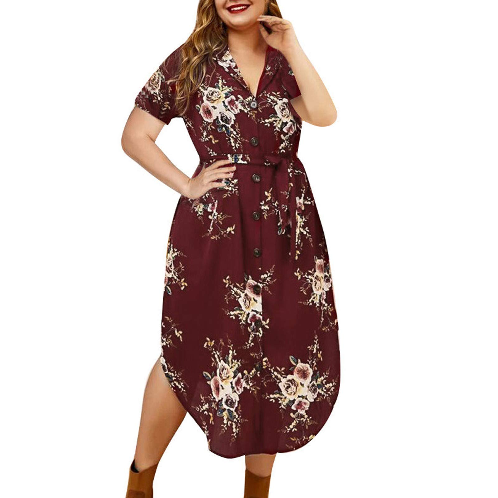 Women's Bohemian Floral Printed Sundress Wrap V Neck Short Sleeve Flowy Boho Long Beach Party Maxi Dress Red