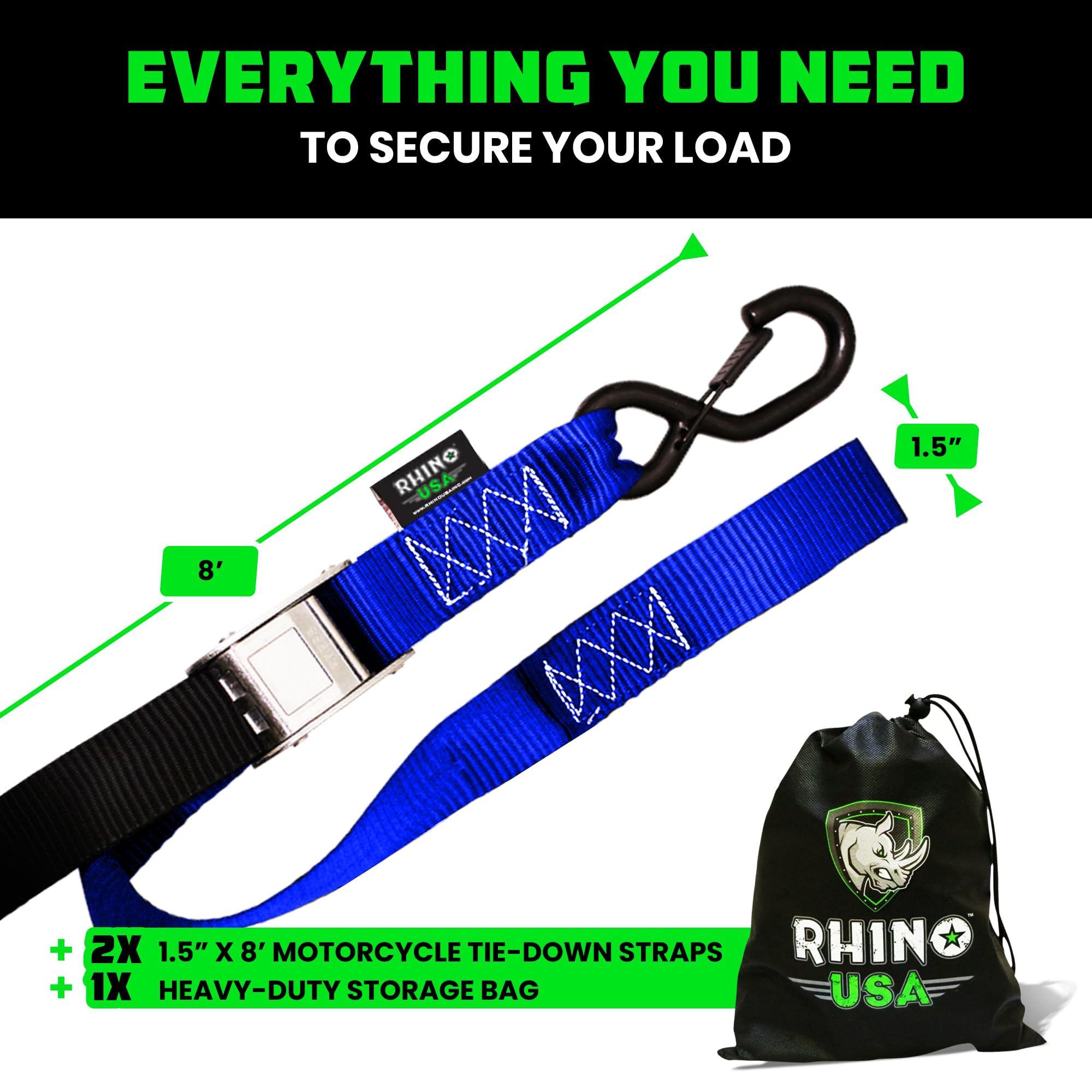 Rhino USA Motorcycle Tie Down Straps (2 Pack) Lab Tested 3,328lb Break Strength, Steel Cambuckle Tiedown Set with Integrated Soft Loops - Better Than a Ratchet Strap (Black 2-Pack)