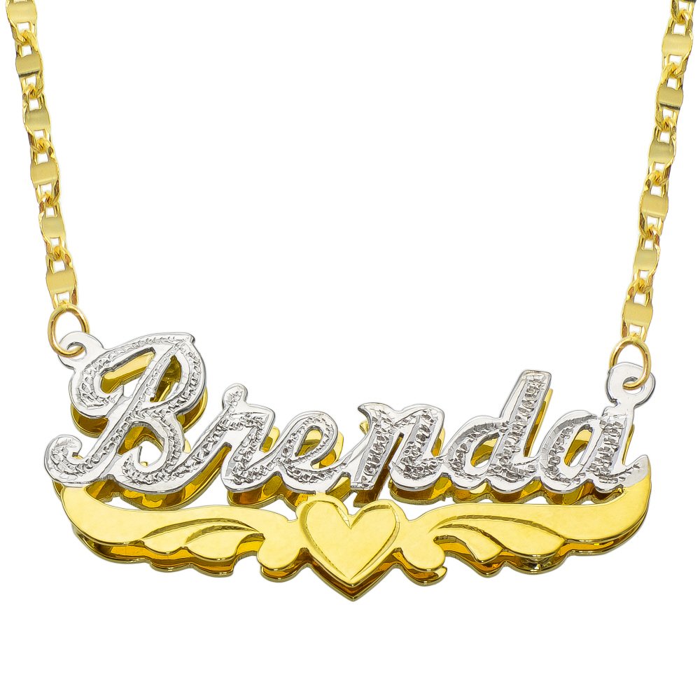 Pyramid Jewelry 14K Two Tone Gold Personalized Double Plate 3D Name Necklace - Style 8 (20 Inches, Hammer Chain)