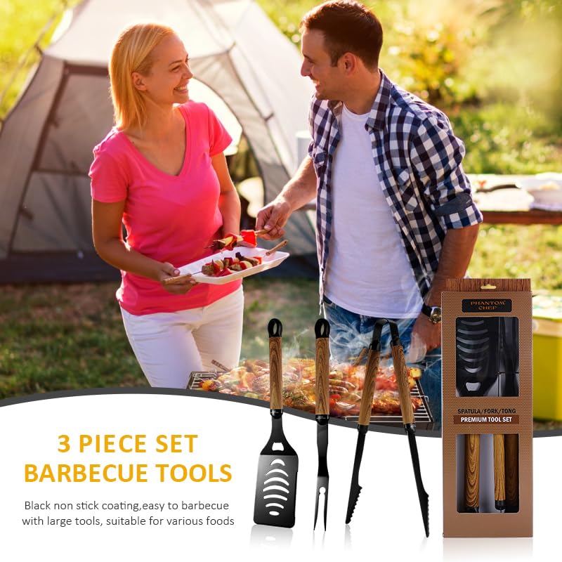 Phantom Chef BBQ Tool Set | Grill Accessories for BBQ | Stainless Steel Grilling Utensils | Indoor & Outdoor Fork, Spatula, Locking Tongs | Kitchen & Camping Griddle Tool | Easy to Clean | 3 Pieces