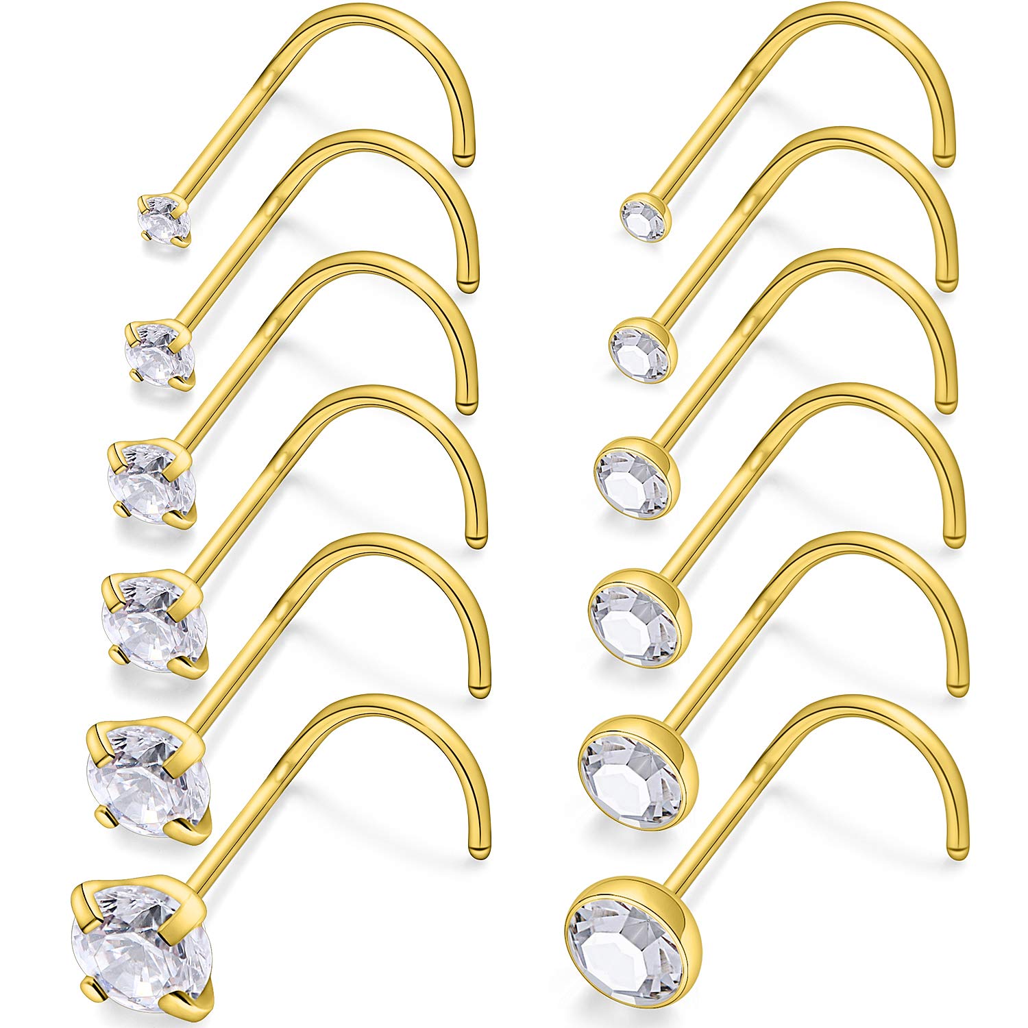 SCERRING 12PCS 22G Stainless Steel Nose Screw Rings Studs Nostril Ring Bend Piercing Jewelry 1.5mm 2mm 2.5mm 3mm 3.5mm 4mm Clear Cubic Zirconia Gold