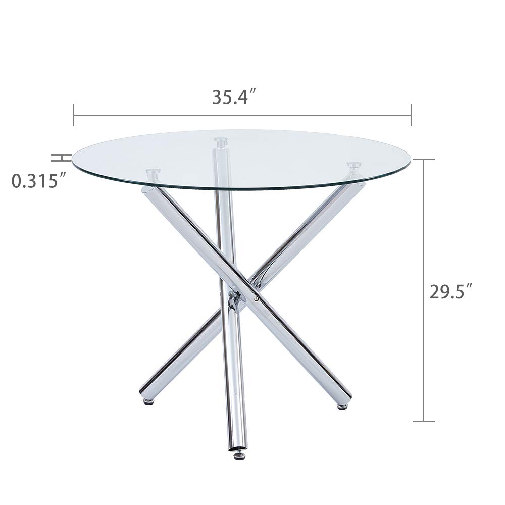 SICOTAS Glass Dining Table Round Kitchen Table with 3 Silver Chrome Legs,Modern Circle Dining Room Tables for 2 or 4,Small Compact Dinner Table for Apartment or Small Spaces,35.4D x 29.5H,Clear