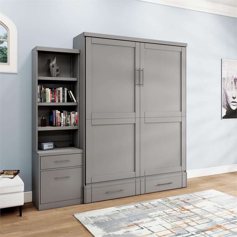 RoomAndLoft Brentwood Queen Contemporary Solid Wood Murphy Wall Bed and Shelf Storage with Drawers in Gray