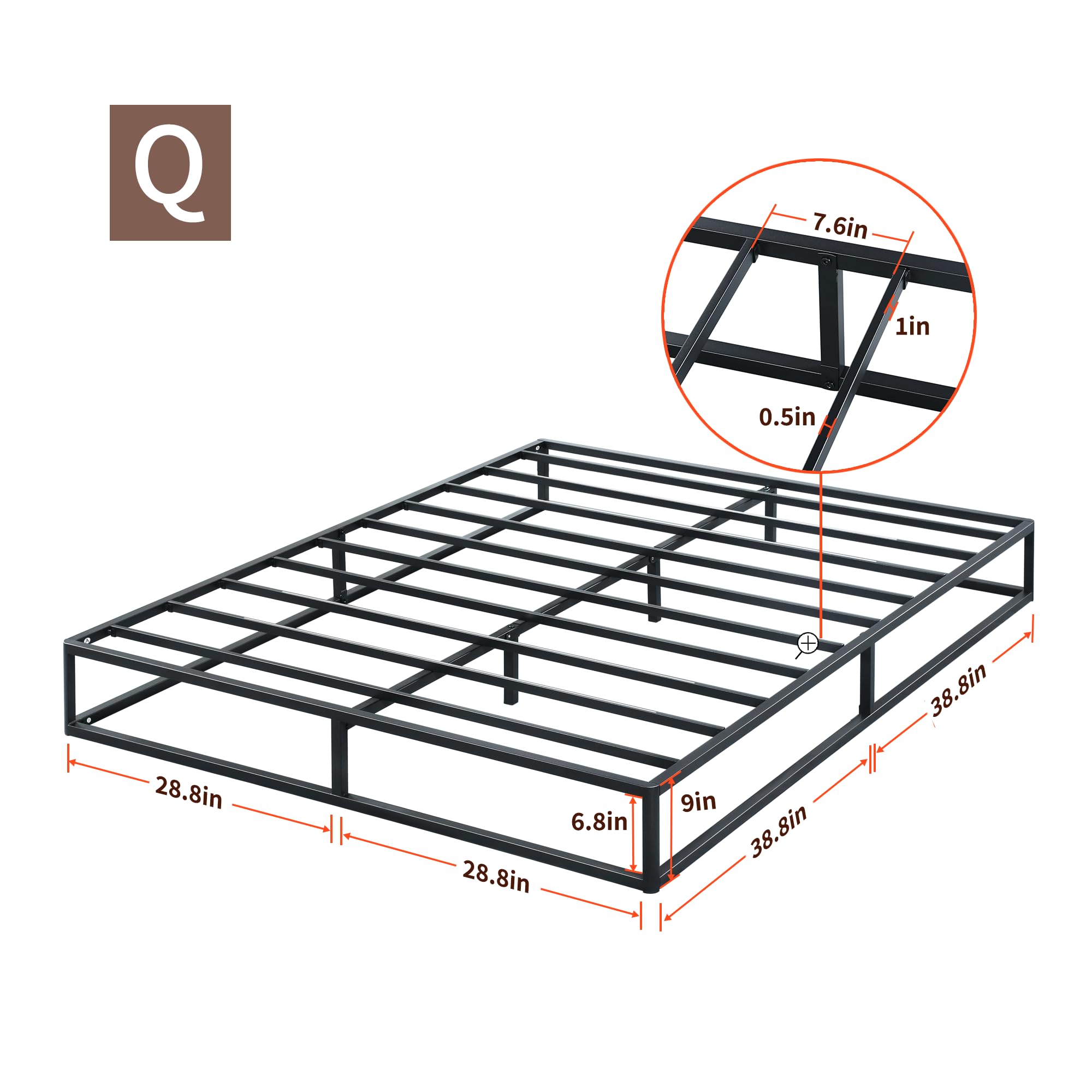 PrimaSleep 9 Inch Modern Metal Bed Frame/Mattress Foundation/Steel Slats/No Box Spring Needed/Sturdy/Queen Size/Black