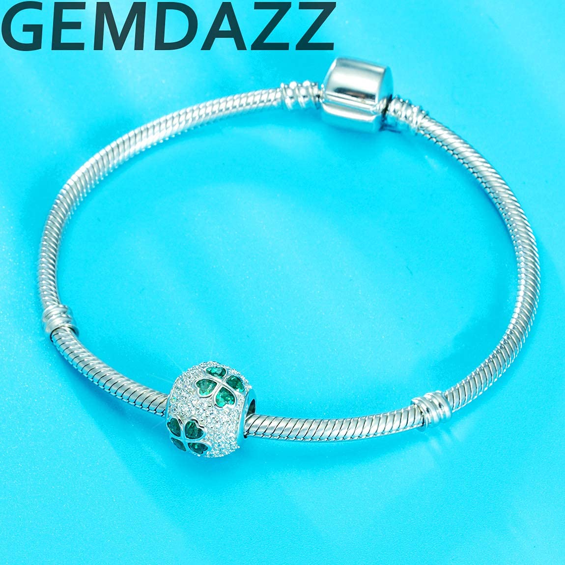 Sparklig Pave Green 4 Leaf Clover Charms in 925 Sterling Silver, Irish Shamrock CZ Round Ball Beads fit Pandora St Patricks Bracelet, Gift for Mothers Day/Valentines