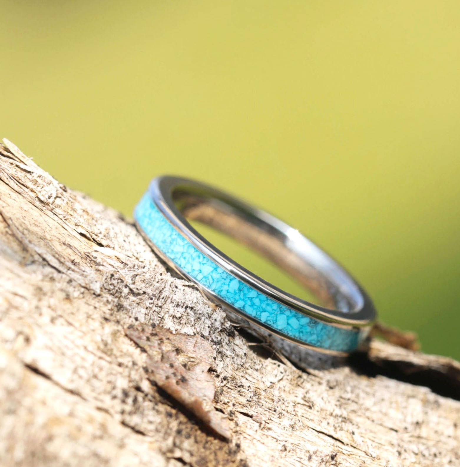 TIGRADE 3MM Titanium Ring Blue Turquoise Engagement Wedding Band for Woman Size 3-13, Silver, Size 7.5
