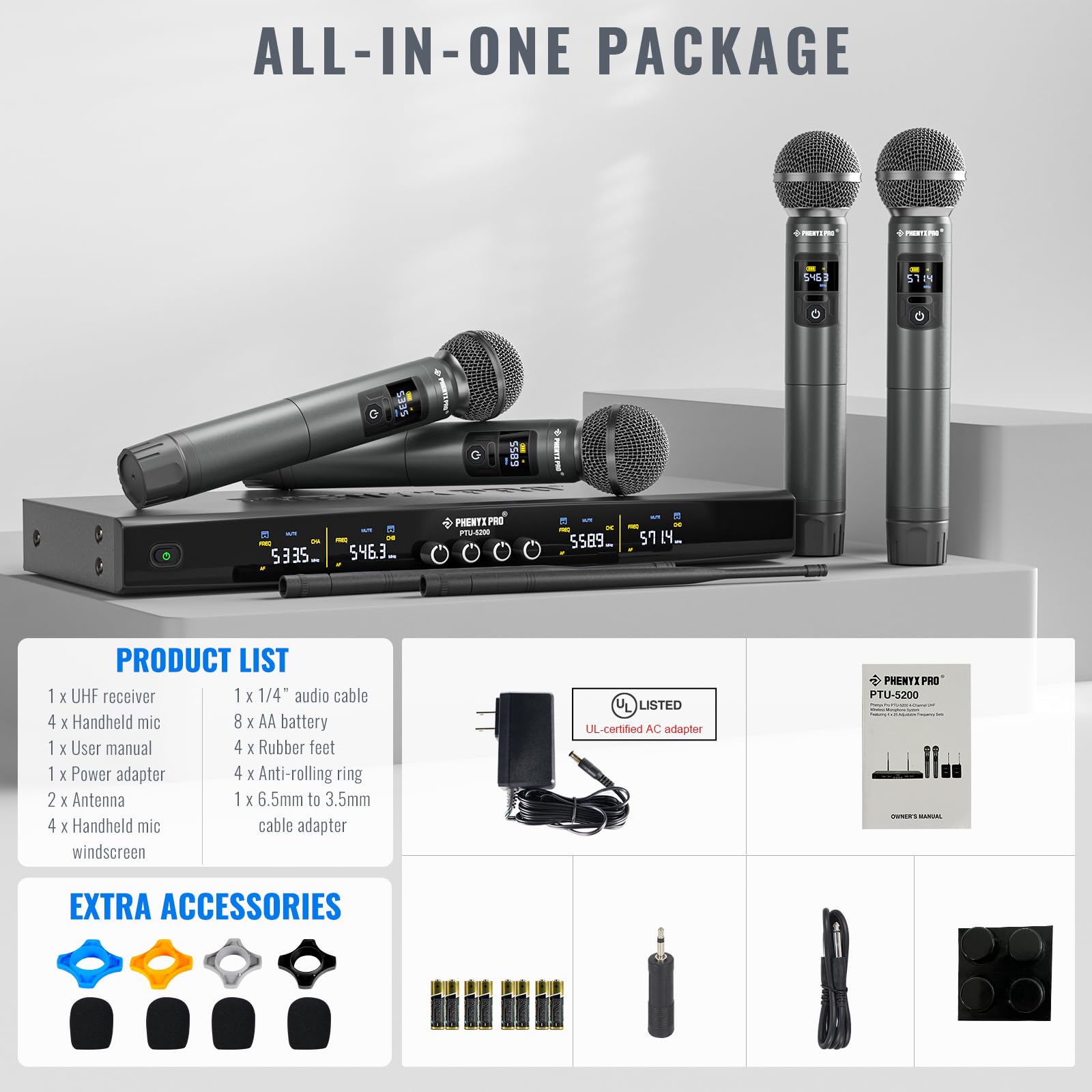 Phenyx Pro Wireless Microphone System, Metal Wireless Mic Set with 4 Cordless Mics, 4x25 UHF Adjustable Frequencies, 200ft Range, Dynamic Microphones for Singing, Karaoke, Church, DJ (PTU-5200-4H)