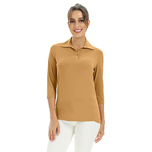 Women's Golf Polo Shirts 3/4 Sleeve Blouses Moisture Wicking Golf Apparel Lady Golf Tops (Bone brown L)
