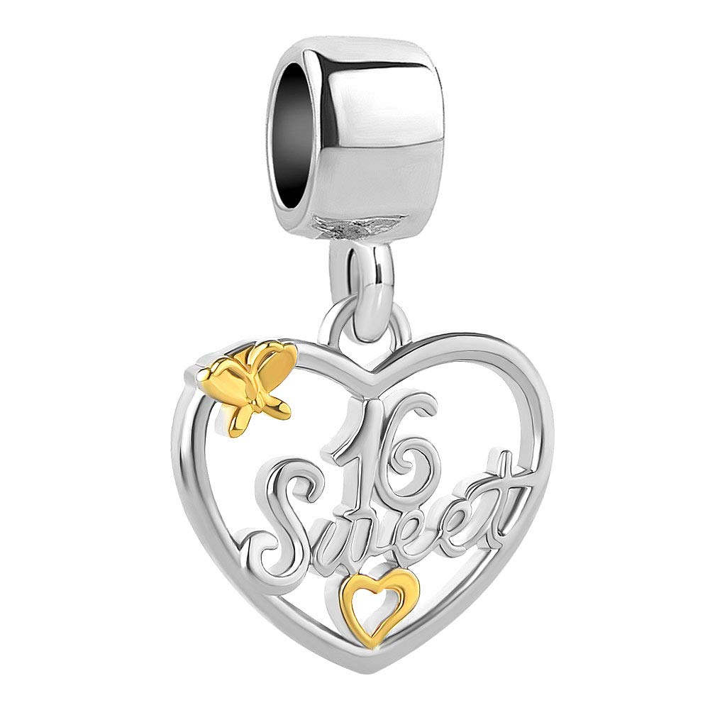 ShinyJewelry Sweet 16 Birthday Love Heart Butterfly Charm Dangle Bead For Bracelet