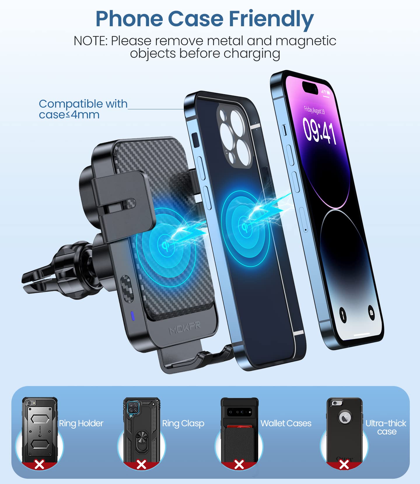 Wireless Car Charger, MOKPR 15W Fast Charging Auto-Clamping Car Mount Universal Hands-Free Car Charger Mount for Dash Windshield Air Vent Compatible with iPhone 15/14/13/12, Samsung S23/S22/S21,etc